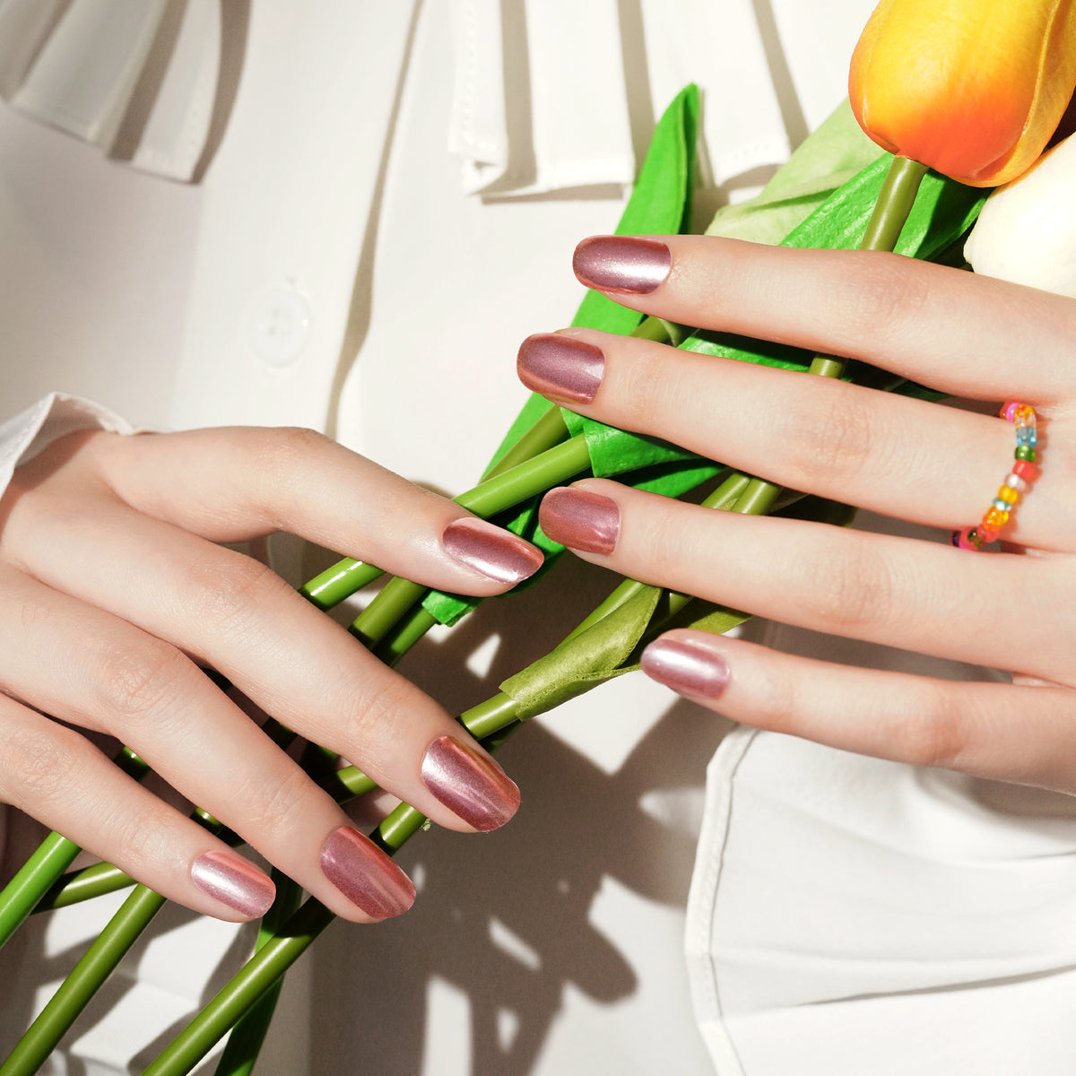 Luxurious Rose Gold Metallic Semi Cured Gel Nail Strips | Bronze Godde